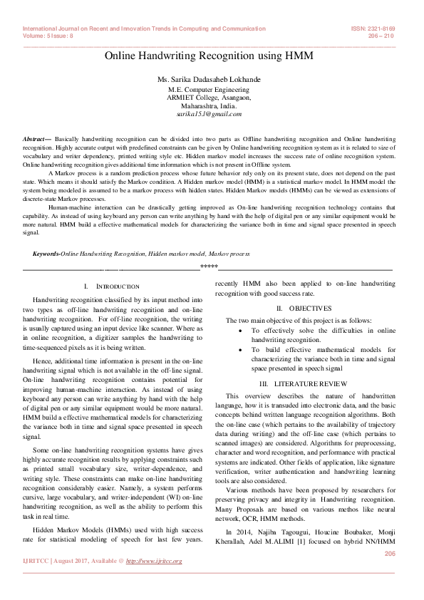 Pdf Online Handwriting Recognition Using Hmm