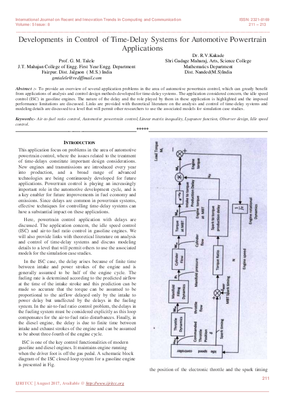 Pdf Developments In Control Of Time Delay Systems For Automotive Powertrain Applications