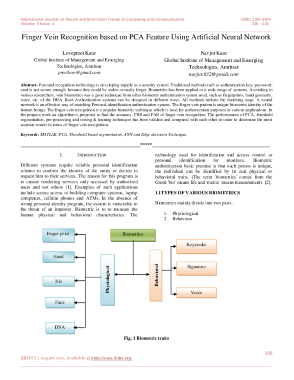 (PDF) Finger Vein Recognition based on PCA Feature Using Artificial Neural Network