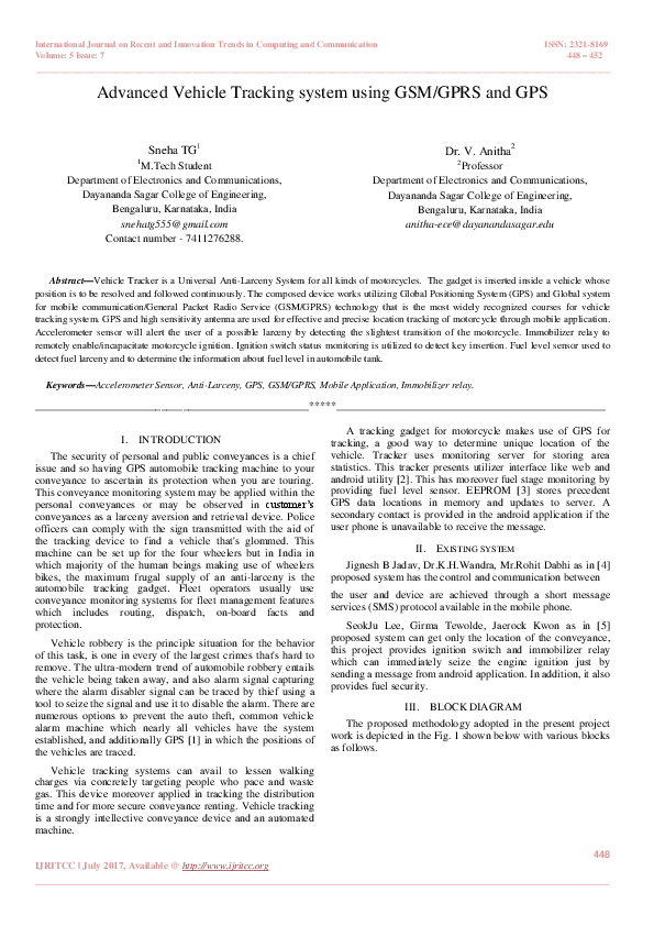 Pdf Advanced Vehicle Tracking System Using Gsmgprs And Gps