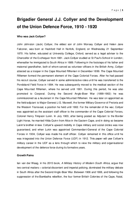 (PDF) Brigadier General J.J. Collyer and the Development of the Union ...