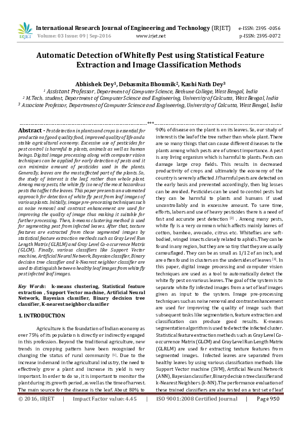 (PDF) Automatic Detection of Whitefly Pest using Statistical Feature Extraction and Image ...
