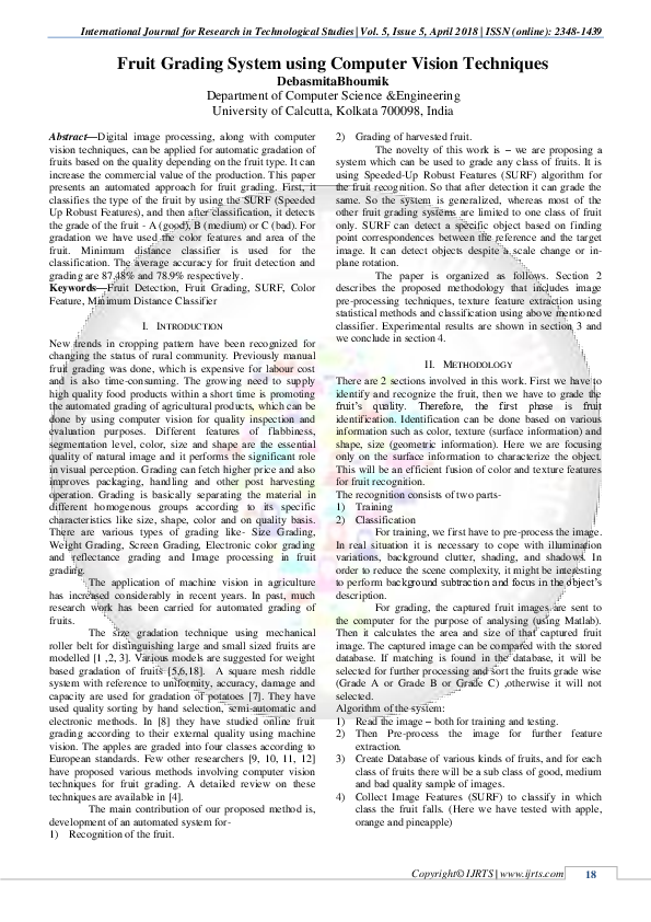 (PDF) Fruit Grading System using Computer Vision Techniques