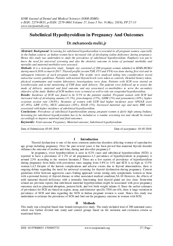 (PDF) Subclinical Hypothyroidism in Pregnancy And Outcomes