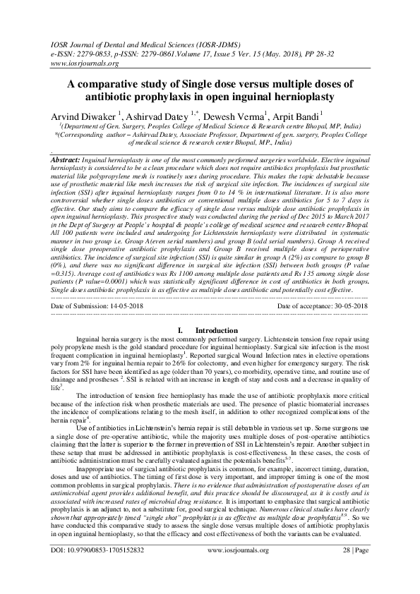 (PDF) A comparative study of Single dose versus multiple doses of antibiotic prophylaxis in open ...