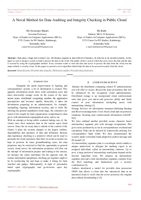 (PDF) A Noval Method for Data Auditing and Integrity Checking in Public Cloud