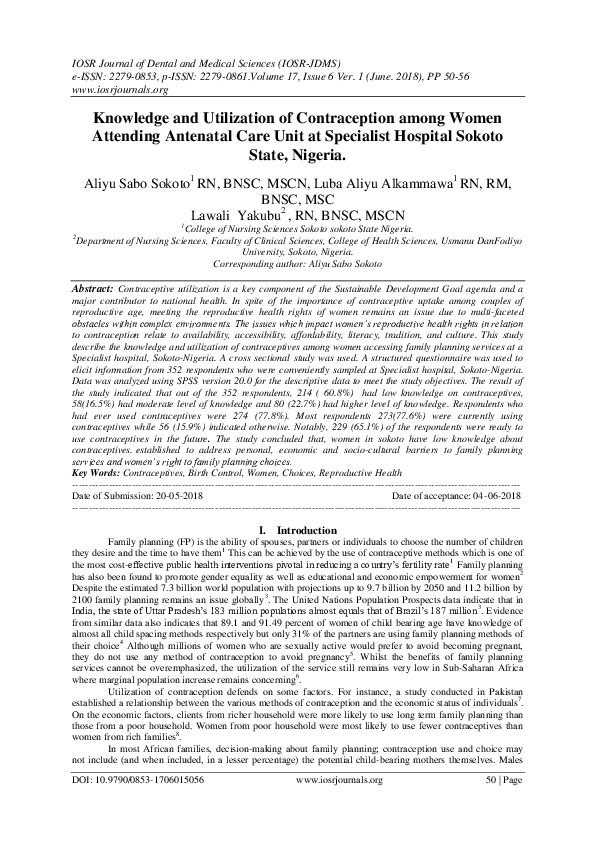 (PDF) Knowledge and Utilization of Contraception among Women Attending Antenatal Care Unit at ...