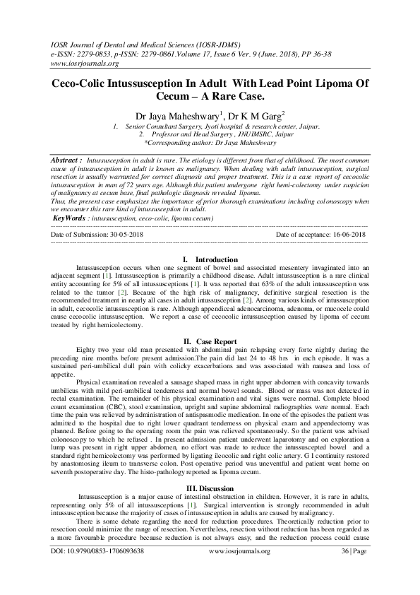 (PDF) Ceco-Colic Intussusception In Adult With Lead Point Lipoma Of ...