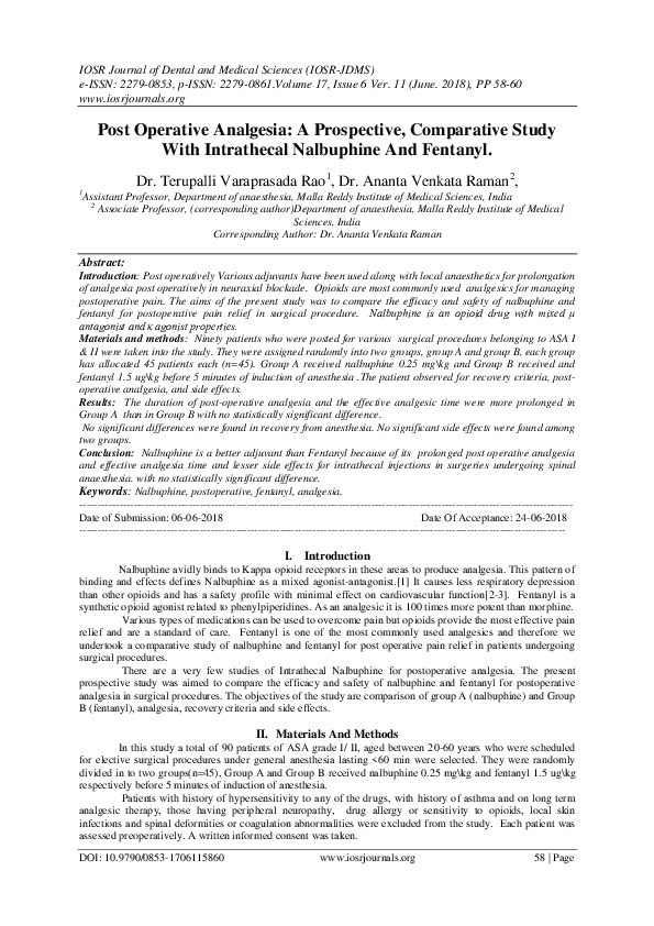 (PDF) Post Operative Analgesia: A Prospective, Comparative Study With ...