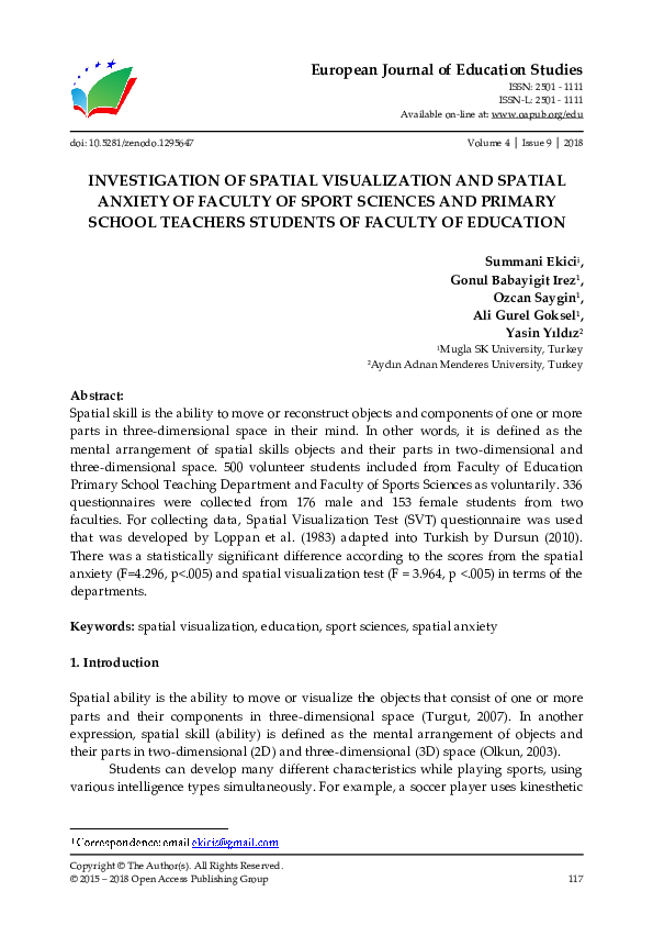 Pdf Investigation Of Spatial Visualization And Spatial Anxiety Of