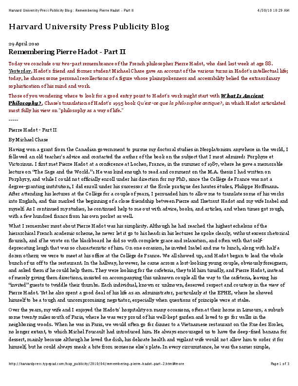 (PDF) Remembering Pierre Hadot -Part II