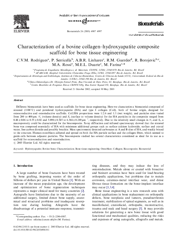 (PDF) Characterization of a bovine collagen–hydroxyapatite composite ...