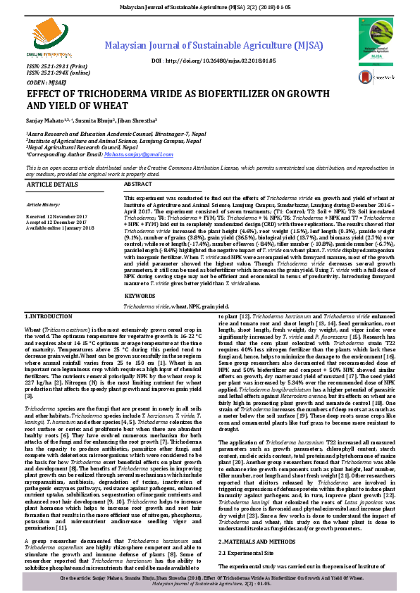 (PDF) EFFECT OF TRICHODERMA VIRIDE AS BIOFERTILIZER ON GROWTH AND YIELD ...