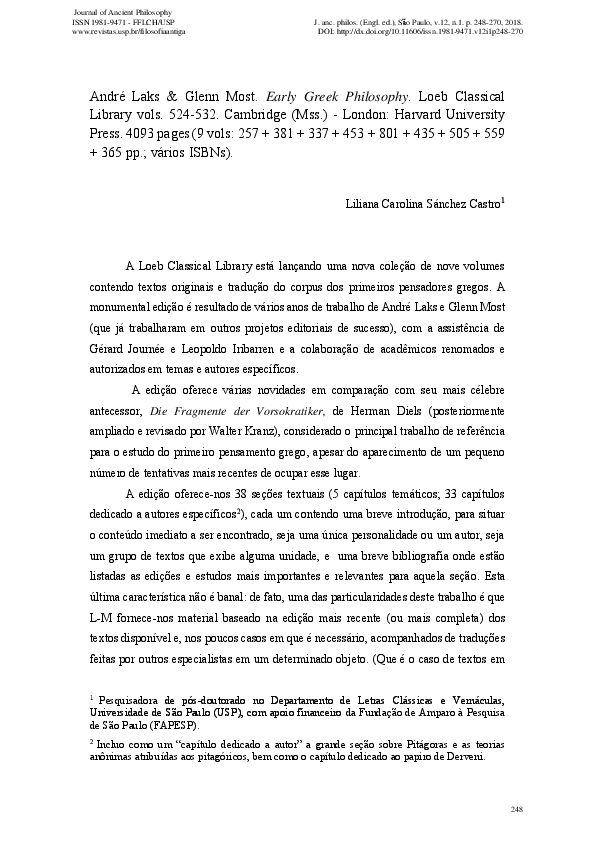 (PDF) Review: André Laks & Glenn Most. Early Greek Philosophy