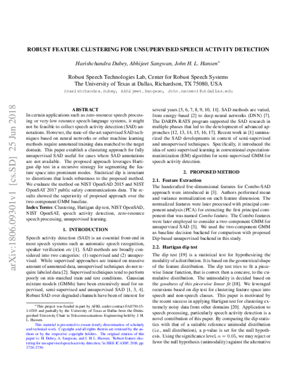 Pdf Robust Feature Clustering For Unsupervised Speech Activity Detection
