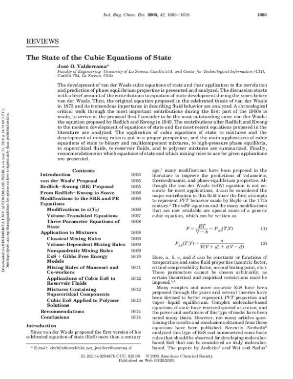 (PDF) The State of the Cubic Equations of State