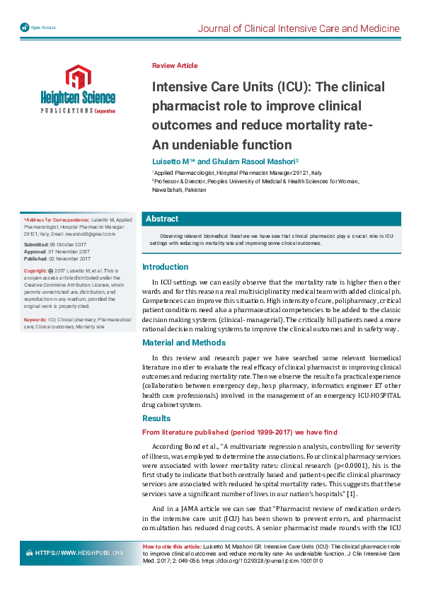 (PDF) Intensive Care Units (ICU): The clinical pharmacist role to improve clinical outcomes and ...