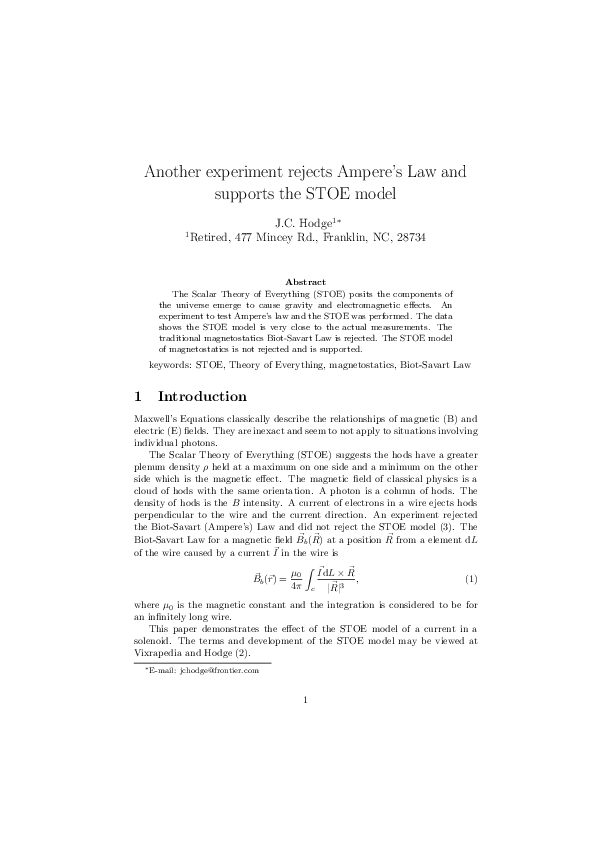 (PDF) Another experiment rejects Ampere's Law and supports the STOE model