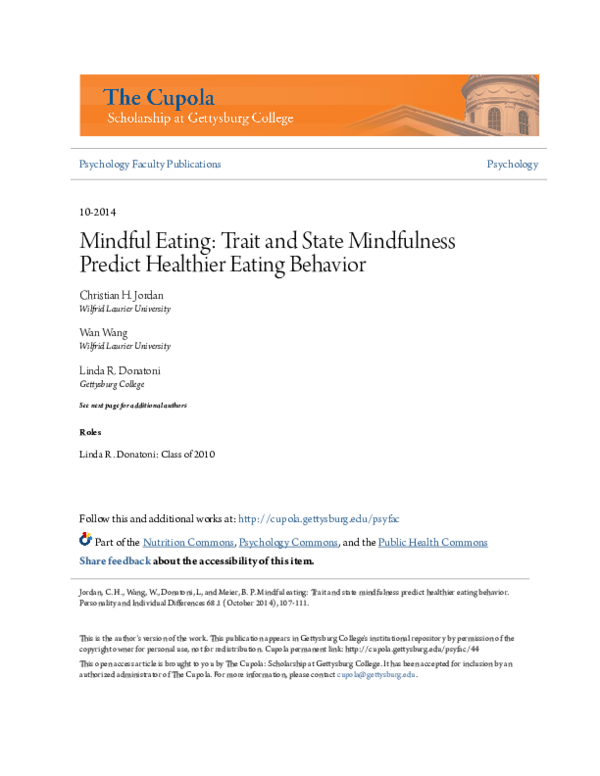 (PDF) Mindful Eating: Trait and State Mindfulness Predict Healthier Eating Behavior