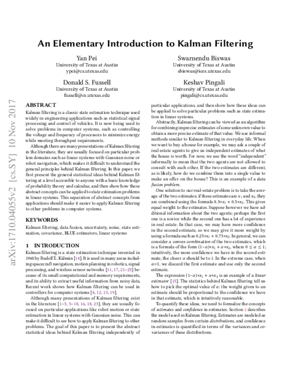 (PDF) An Elementary Introduction to Kalman Filtering