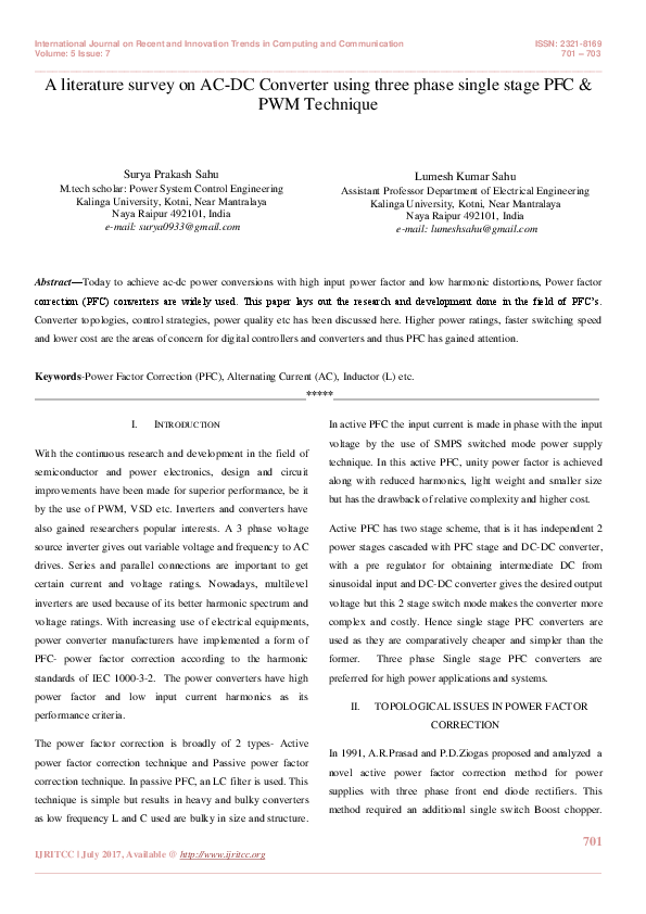 Pdf A Literature Survey On Ac Dc Converter Using Three Phase Single Stage Pfc And Pwm Technique