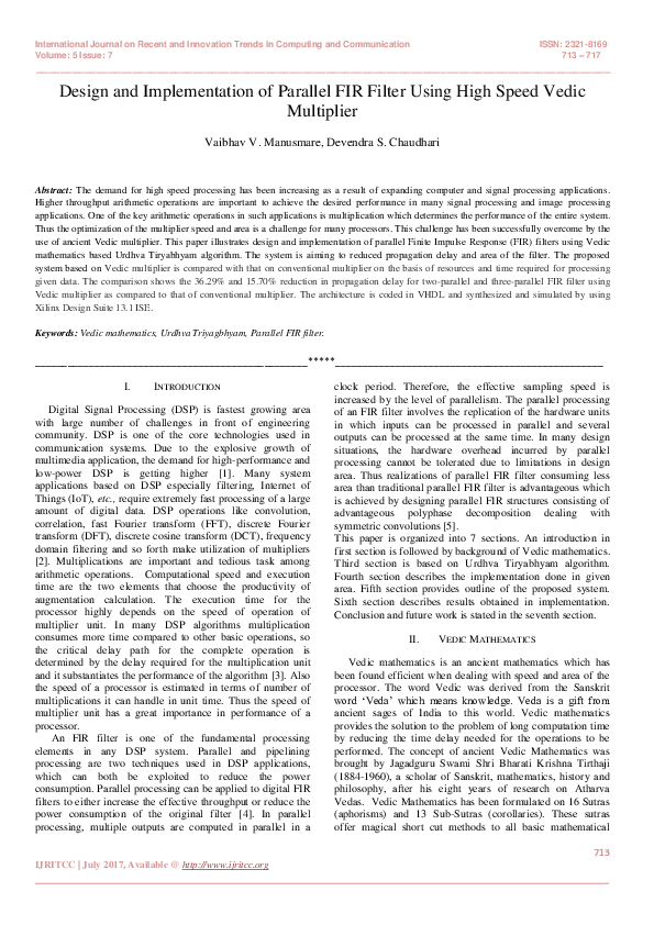 (PDF) Design and Implementation of Parallel FIR Filter Using High Speed Vedic Multiplier