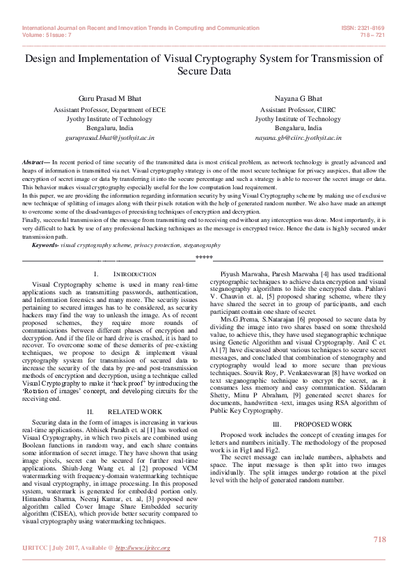 Pdf Design And Implementation Of Visual Cryptography System For Transmission Of Secure Data 8978