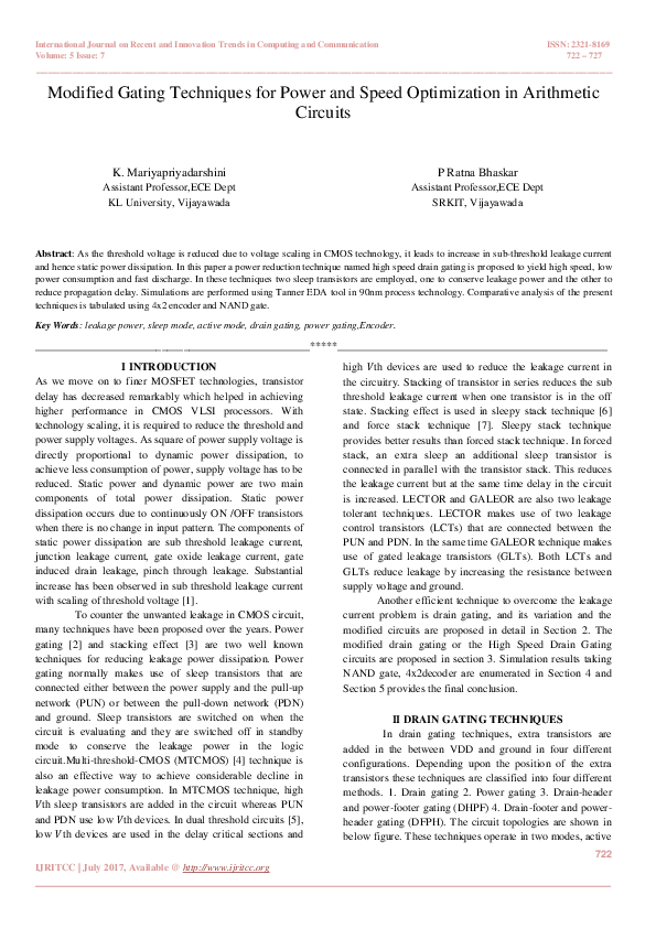 Pdf Modified Gating Techniques For Power And Speed Optimization In Arithmetic Circuits