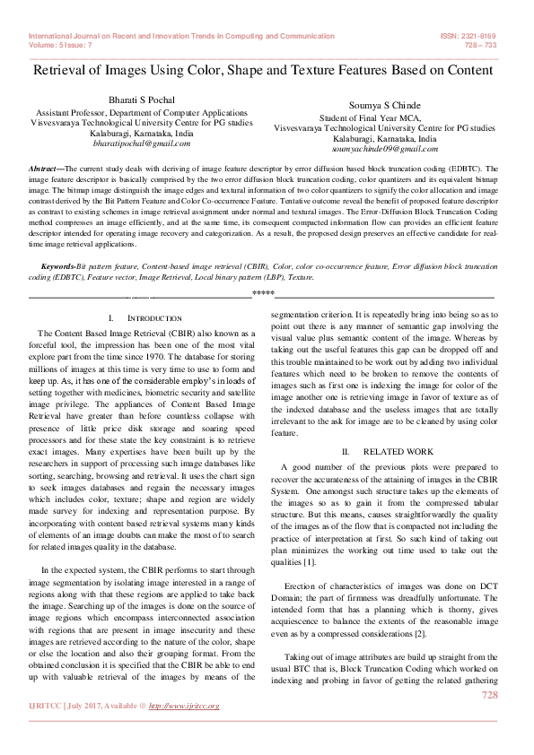 Pdf Retrieval Of Images Using Color Shape And Texture Features Based On Content