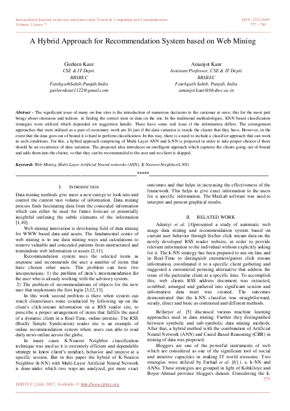 Pdf A Hybrid Approach For Recommendation System Based On Web Mining