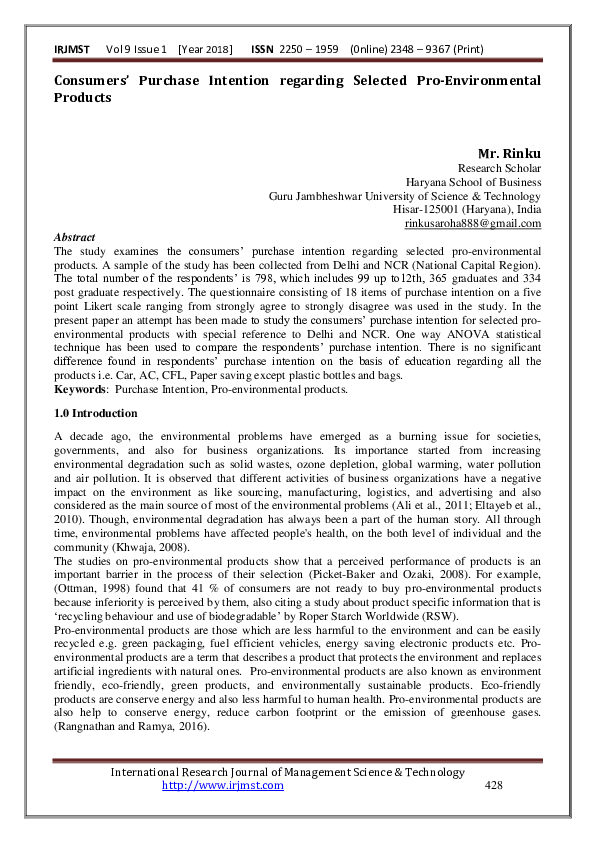 (PDF) Consumers' Purchase Intention regarding Selected Pro-Environmental Products