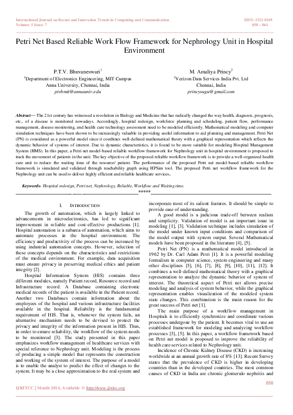(PDF) Petri Net Based Reliable Work Flow Framework for Nephrology Unit in Hospital Environment