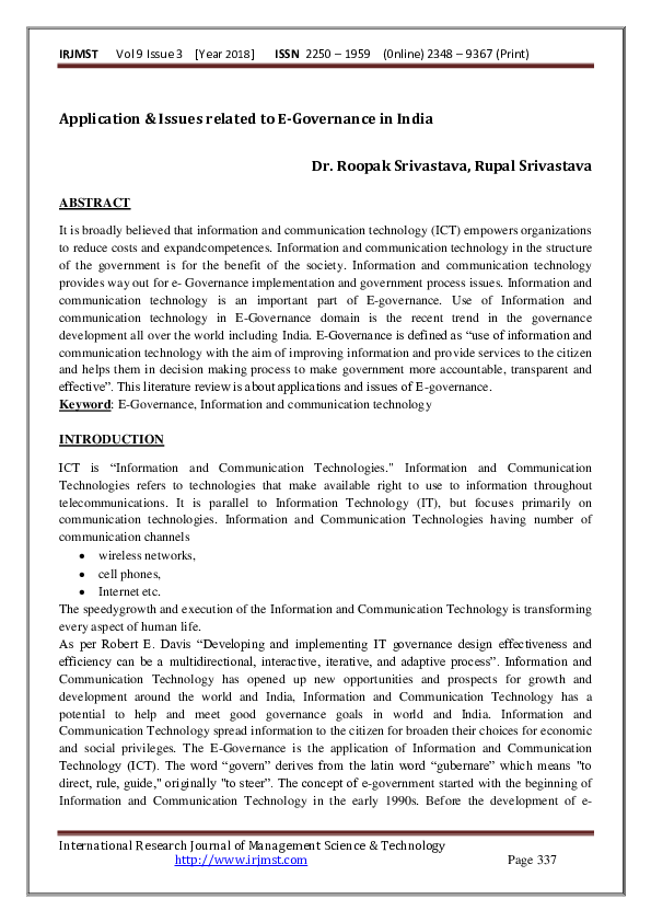 (PDF) Application & Issues related to E-Governance in India