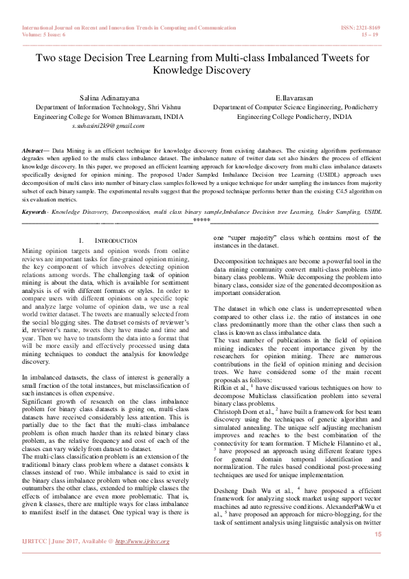(PDF) Two stage Decision Tree Learning from Multi-class Imbalanced Tweets for Knowledge Discovery
