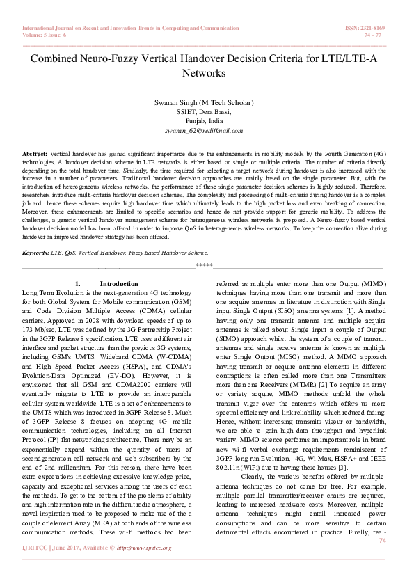 (PDF) Neuro-Fuzzy Handover in LTE Networks