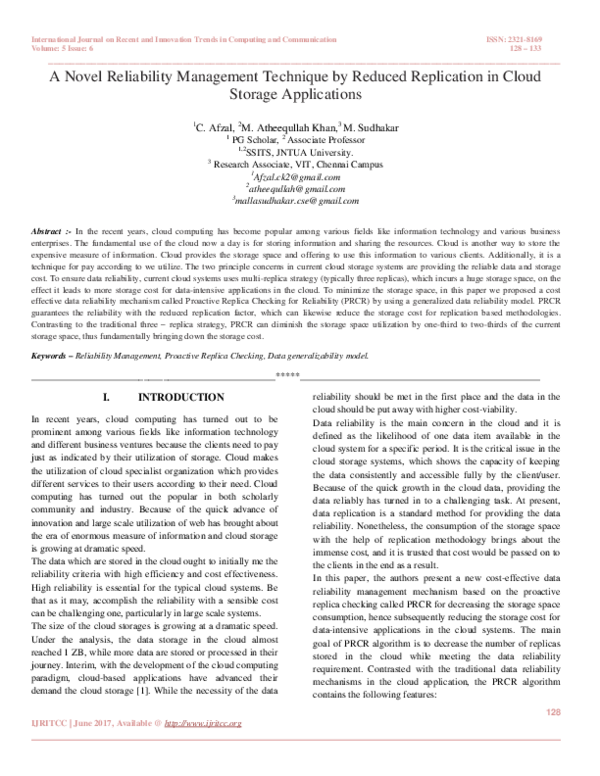 (PDF) A Novel Reliability Management Technique by Reduced Replication ...