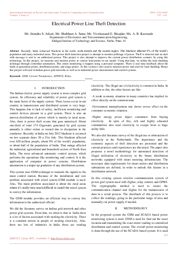 (PDF) Electrical Power Line Theft Detection