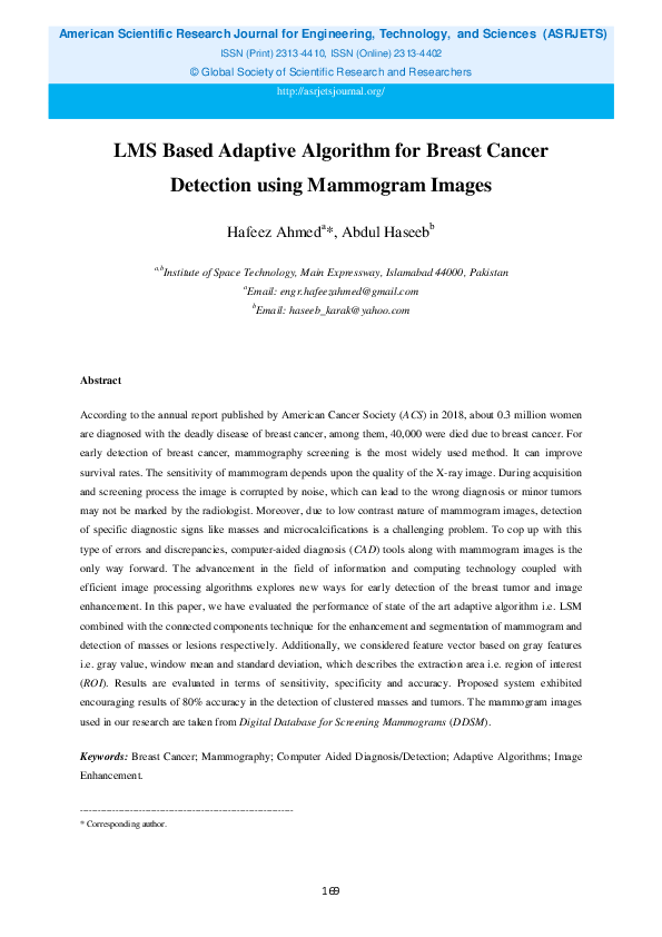 (PDF) LMS Based Adaptive Algorithm for Breast Cancer Detection using Mammogram Images | Hafeez ...