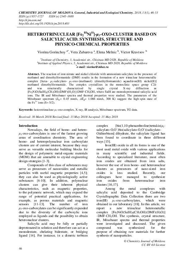 (PDF) HETEROTRINUCLEAR [Fe 2 III Ni II ]-µ 3 -OXO-CLUSTER BASED ON SALICYLIC ACID. SYNTHESIS ...