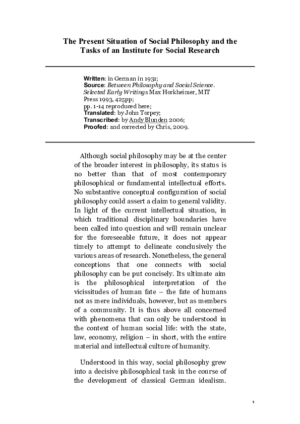 (PDF) The Present Situation of Social Philosophy and the Tasks of an ...