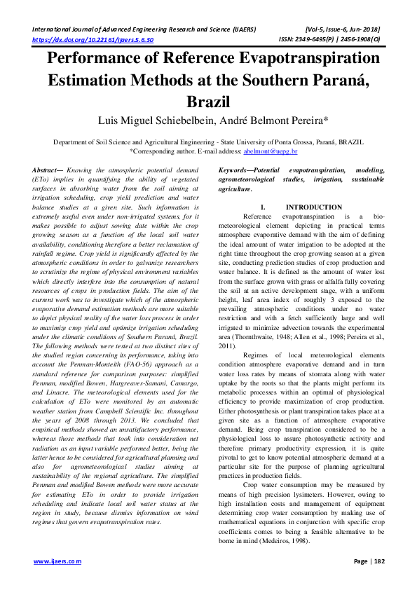Pdf Performance Of Reference Evapotranspiration Estimation Methods At The Southern Paraná Brazil