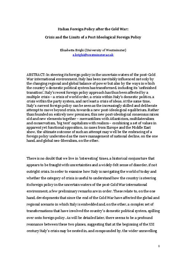 (DOC) 'Italian Foreign Policy after the Cold War: Crisis and the Limits ...