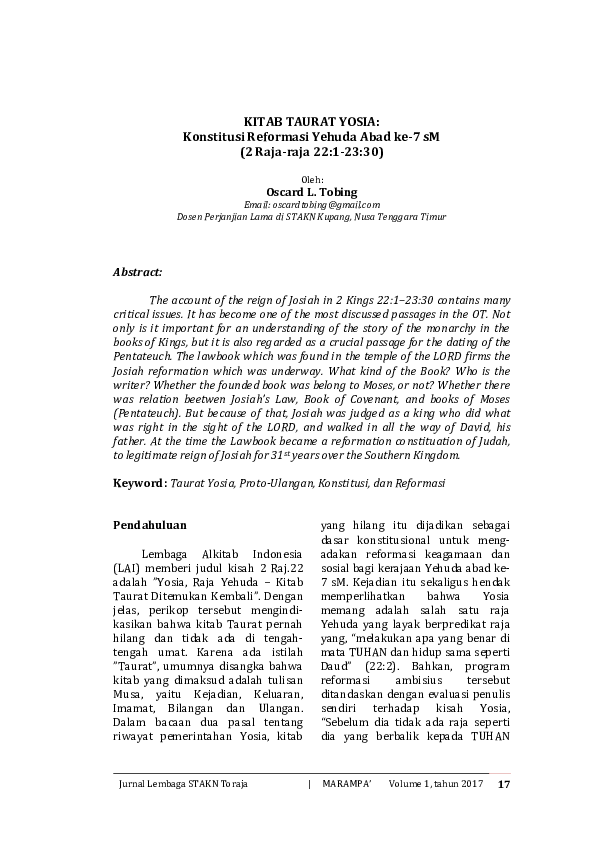 (PDF) Kitab Taurat Yosia: Konstitusi Reformasi Yehuda Abad ke-7 sM (2 ...