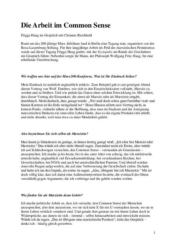 (DOC) Die Arbeit im Common Sense - Interview mit Frigga Haug