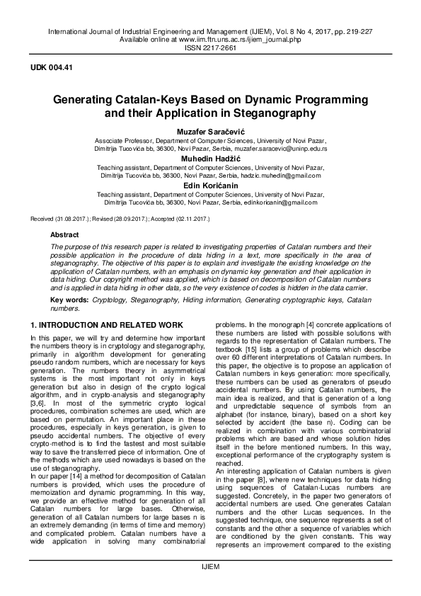 (PDF) Generating Catalan-Keys Based on Dynamic Programming and their Application in Steganography