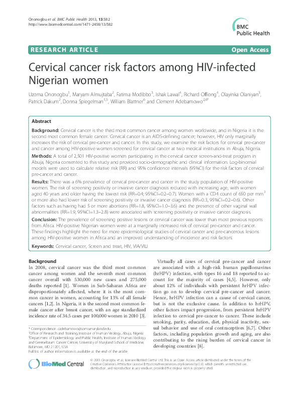 (PDF) Cervical cancer risk factors among HIV-infected Nigerian women