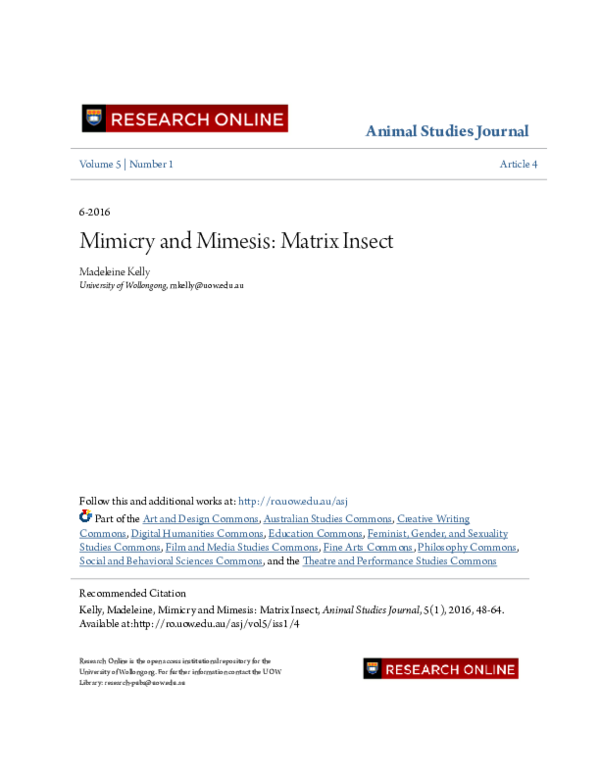 (PDF) Animal Studies Journal Mimicry and Mimesis: Matrix Insect