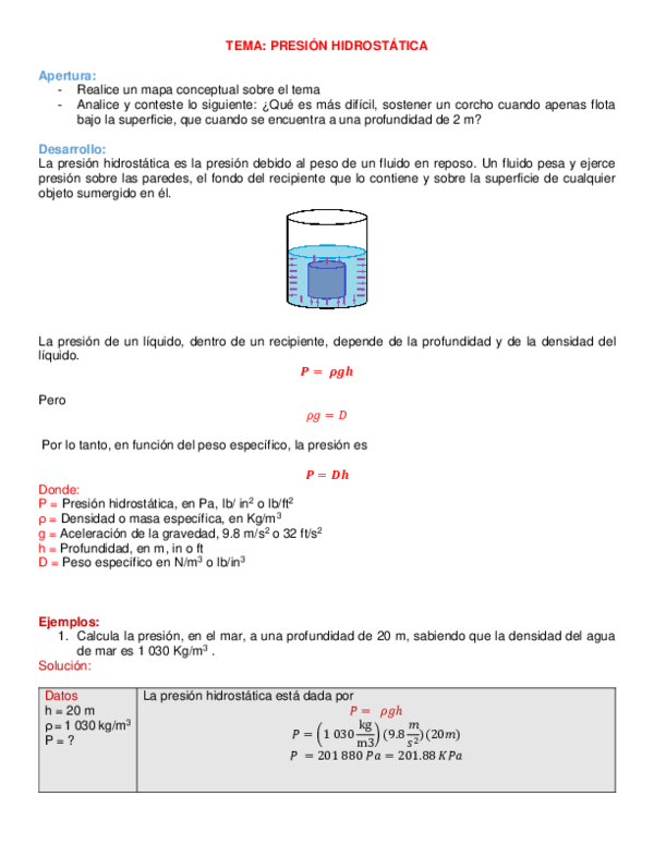 (PDF) TEMA: PRESIÓN HIDROSTÁTICA