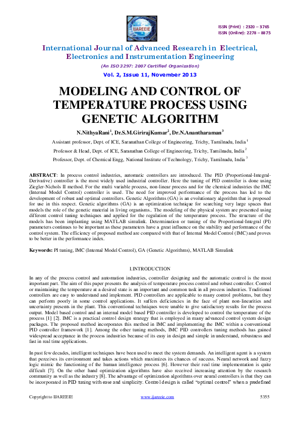 Pdf Modeling And Control Of Temperature Process Using Genetic Algorithm
