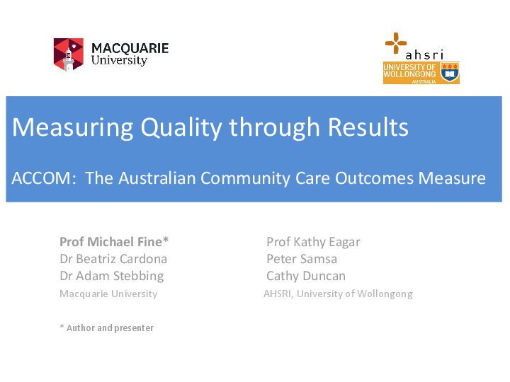(PDF) Measuring Quality through Results ACCOM: The Australian Community ...